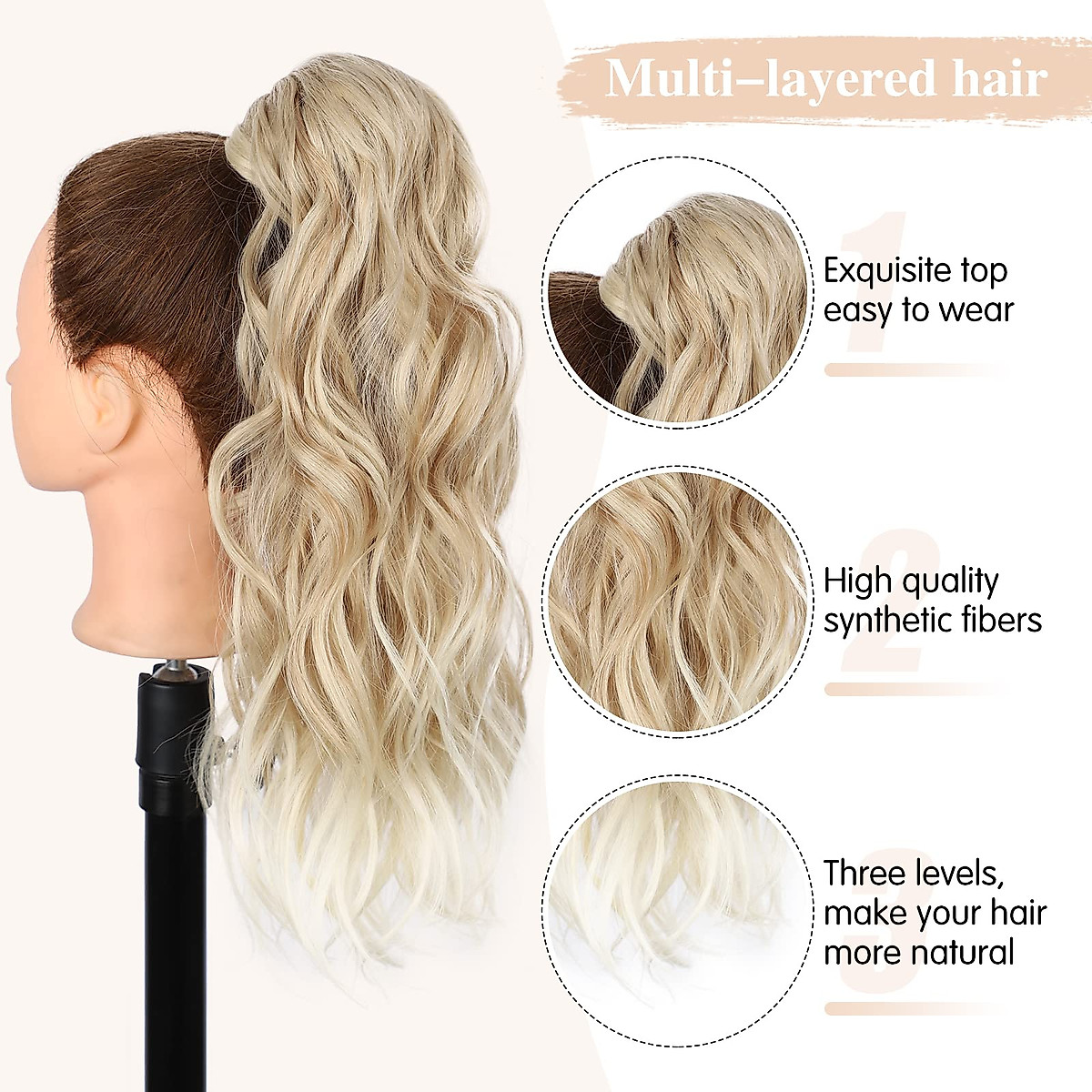 CHRSHN Wavy Ponytail Extension Wrap Around Hair Extensions Bleach Mix Ash Blonde 20 inch