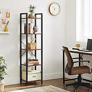 VASAGLE Bookshelf, Bookcase, 5-Tier Storage Shlef Rack with Steel Frame, for Living Room, Office, Study, Hallway, Industrial Style, Rustic Brown and Black ULLS100B01
