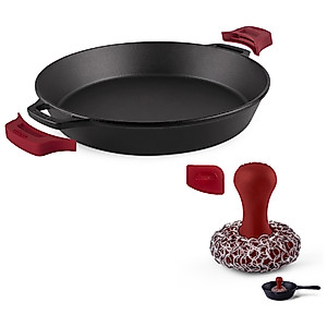 Cuisinel 15" Cast Iron Skillet Braiser + Chainmail Scrubber + Silicone Handle Grips - Dual Loop Handle Large Frying Pan with Cleaner - Indoor/Outdoor, Camping, BBQ Cookware
