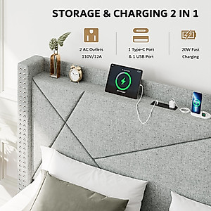 iPormis King Storage Bed Frame with 4 Drawers, Upholstered Bed Frame with Minimalist Wingback Headboard and Charging Station, No Box Spring Needed, Light Gray