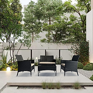 Peacabo 4 Piece Patio Furniture Set Sectional Table Chair, Wicker Sofa with Armrest Chair Loveseat and Rattan Side Table, Outdoor Conversation Sets for Garden Lawn Pool or Backyard, Coffee/Beige