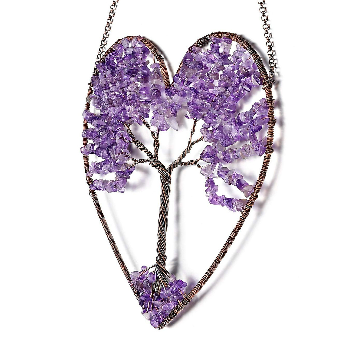 PESOENTH Amethyst Heart Life Tree Dream Catcher Hanging Ornament Bohemian Purple Double Hearts Life Tree Wall Art Window Car Hanging Decorations for Home Bedroom Decor