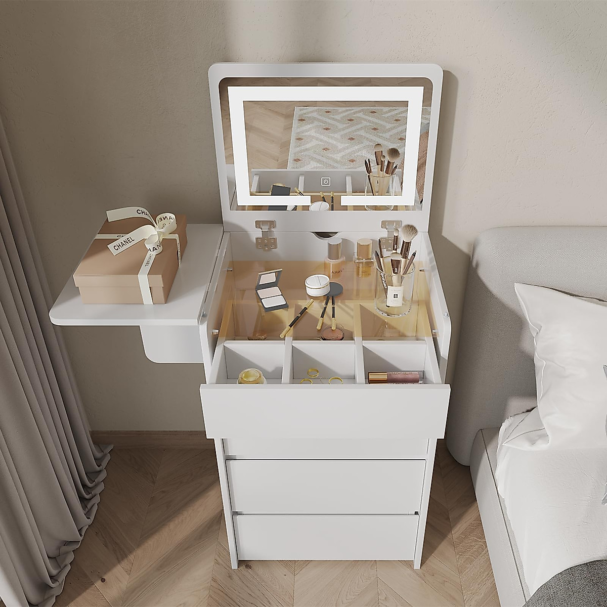 HIMAmonkey Small Makeup Vanity with Mirror and Lights, 3-in-1 Vanity Desk with 3 Drawers, Corner Vanity Set with Soft Stool, Compact Dressing Table for Living Room/Bedroom-19.7in/White