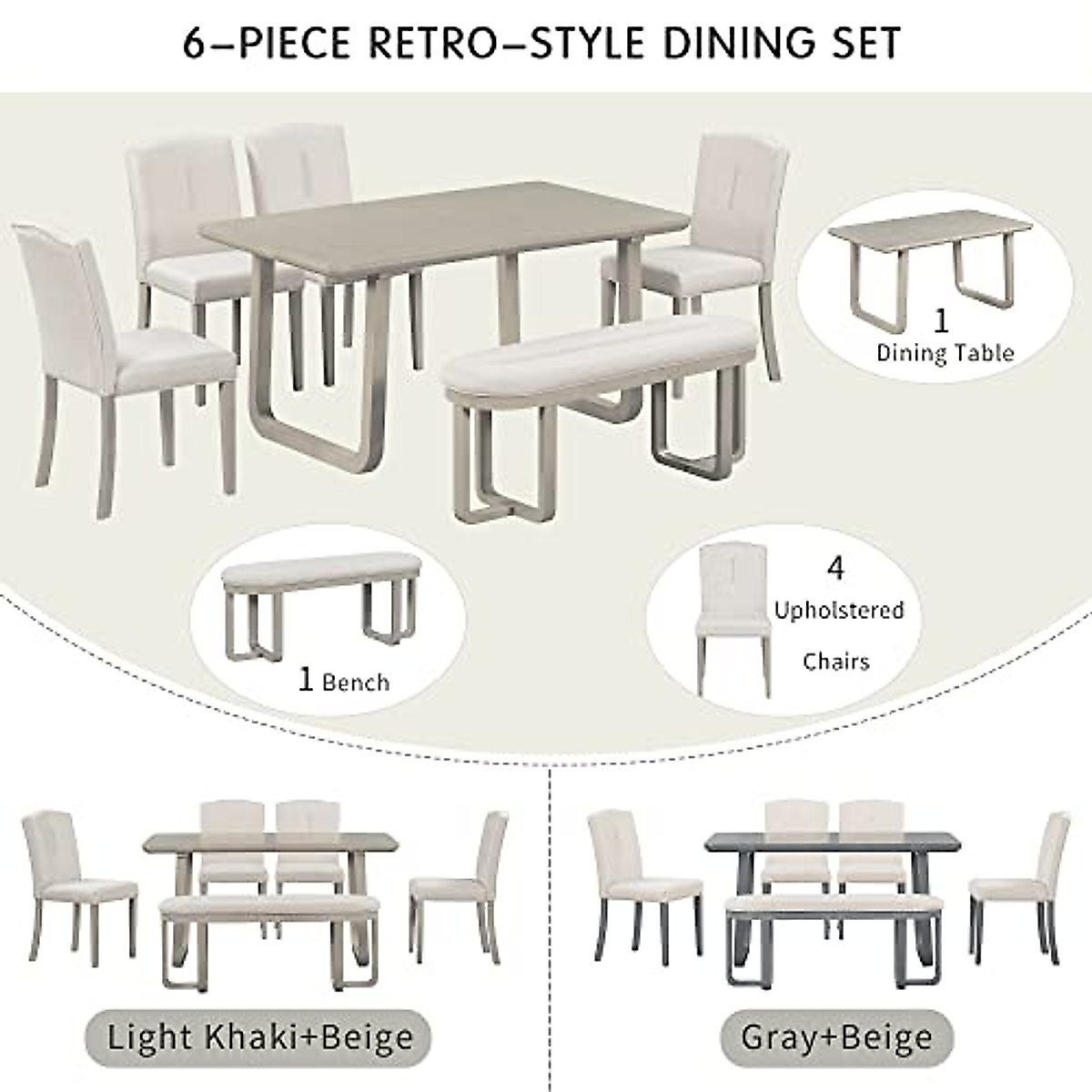 GLORHOME 6-Piece Retro-Style Set Table, 4 Upholstered Chairs & Bench | Foam-Covered Seat Backs & Cushions | Ideal for Dining Room | Light Khaki+Beige