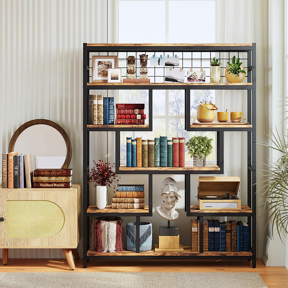 IRONCK Bookshelf and Bookcase 6-Tier 55 in Large Etagere Bookcase, Industrial Open Display Shelves Geometric Bookcase with Sturdy Metal Frame, Vintage Brown