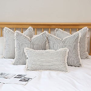 Hckot Throw Pillow Covers 18x18 Set of 2 Striped Pillow Covers with Fringe Chic Cotton Decorative Pillows Square Cushion Covers for Sofa Couch Bed Living Room Farmhouse Decor,Grey