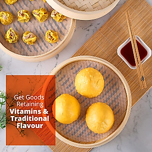 KITCHENCRUST Bamboo Steamer Basket for Chinese Asian Cuisine - 2 Tier 10-Inch Steaming Basket Bun Vegetable Steamer, Dumpling Steamer bamboo steam basket, Sauce Dish, Chopsticks, Reusable Liners, Ring