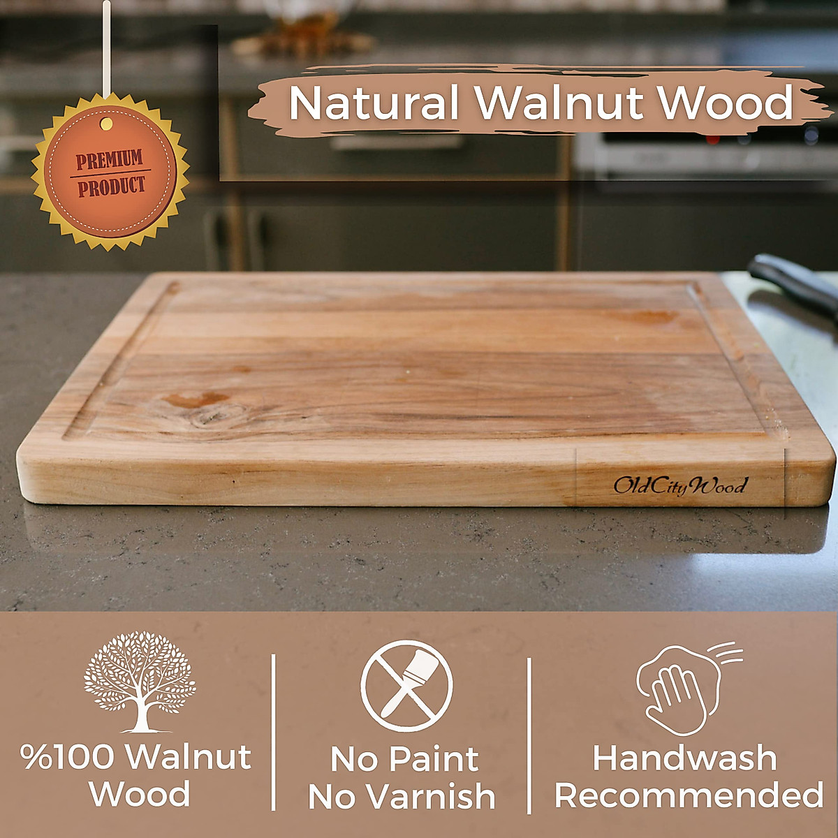 Walnut Wood Cutting Board For Kitchen 16x12'' with Juice Groove, Chopping Board Made of Walnut Wood for Meat, Cheese and Vegetables (Large, 16x12 inch)