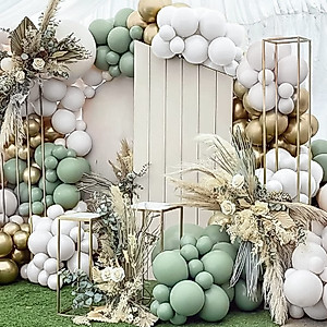 RUBFAC 65Pcs 12 Inches Sage Green Gold Confetti Balloons Kit, Green White Metallic Gold Party Balloons with Ribbons for Birthday, Wedding, Baby Shower, Graduation, Eucalyptus Party Decorations