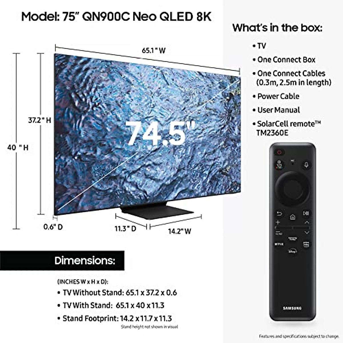 SAMSUNG 75-Inch Class Neo QLED 8K QN900C Series Mini LED Quantum HDR Smart TV with Infinity Screen, Dolby Atmos, Object Tracking Sound Pro, Alexa Built-in (QN75QN900C, 2023 Model)