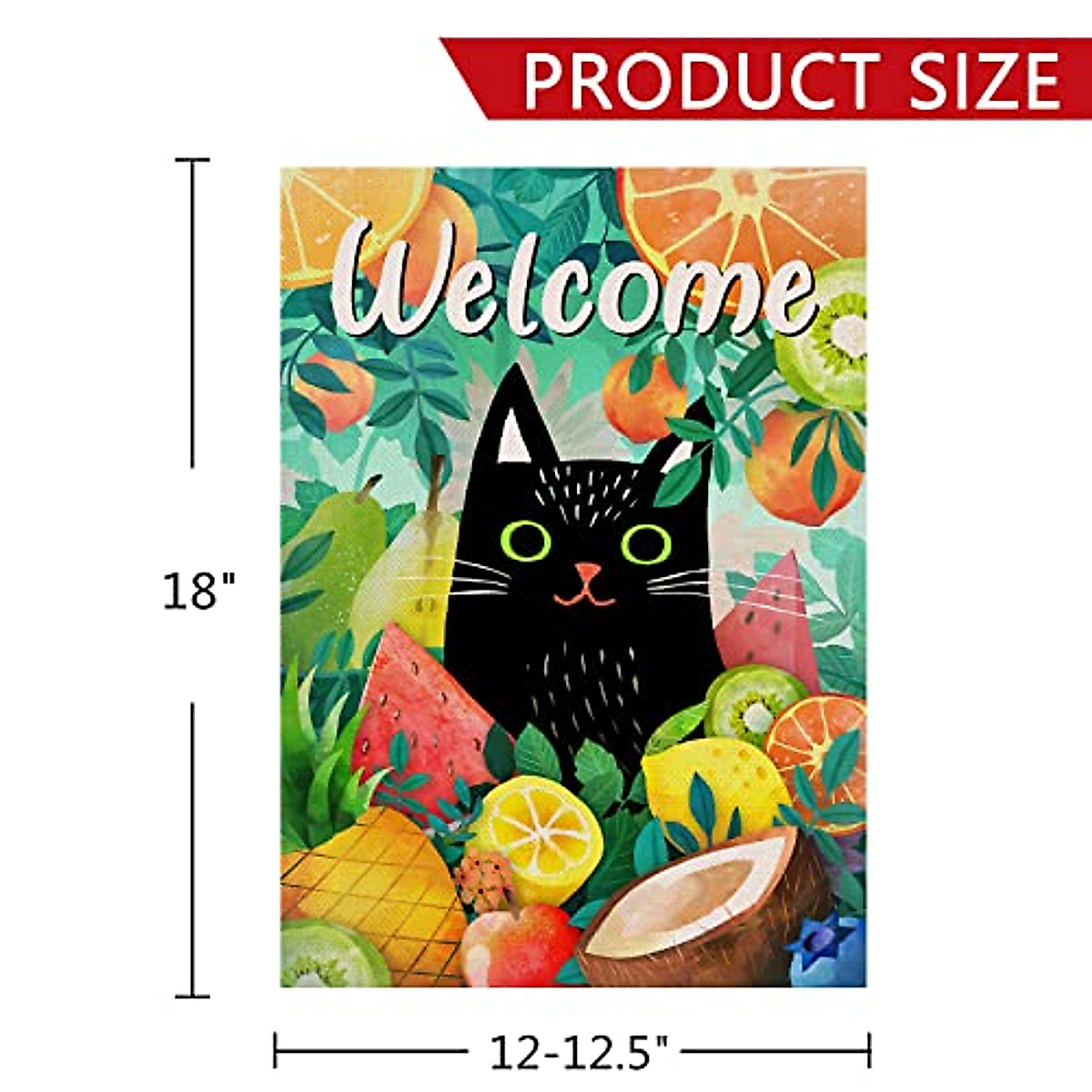 Dyrenson Welcome Summer Black Cat Lemon Watermelon Tropical Decorative Garden Flag, Yard Outside Decoration Outdoor Small Decor 12x18