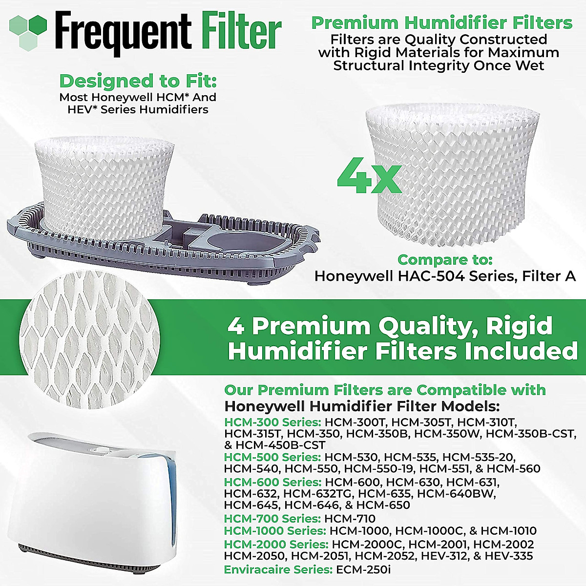 Frequent Filter - Compatible Honeywell Germ Free Cool Mist Wicking Humidifier, Filter A. Fits HCM 350, HCM350w, HCM350, Quietcare Tower & More. Replacement HAC 504, HAC504, 504AW - (Pack of 4)