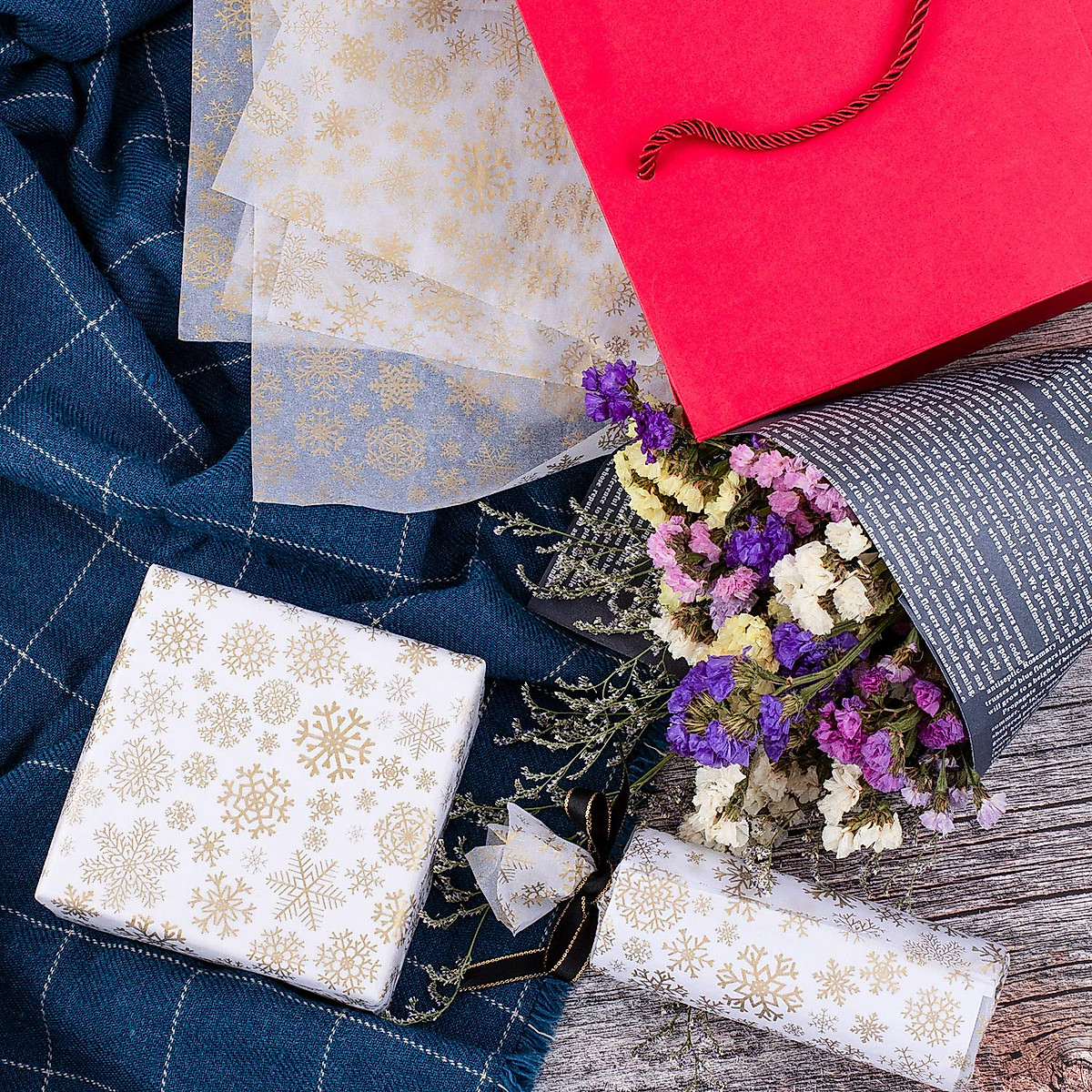 Whaline Snowflake Tissue Paper 20" x 28" Christmas Metallic Acid Free Wrapping Paper Bulk Big Size for Home, DIY and Craft, Gift Bags New Year Decorations, 60 Sheets (Gold)