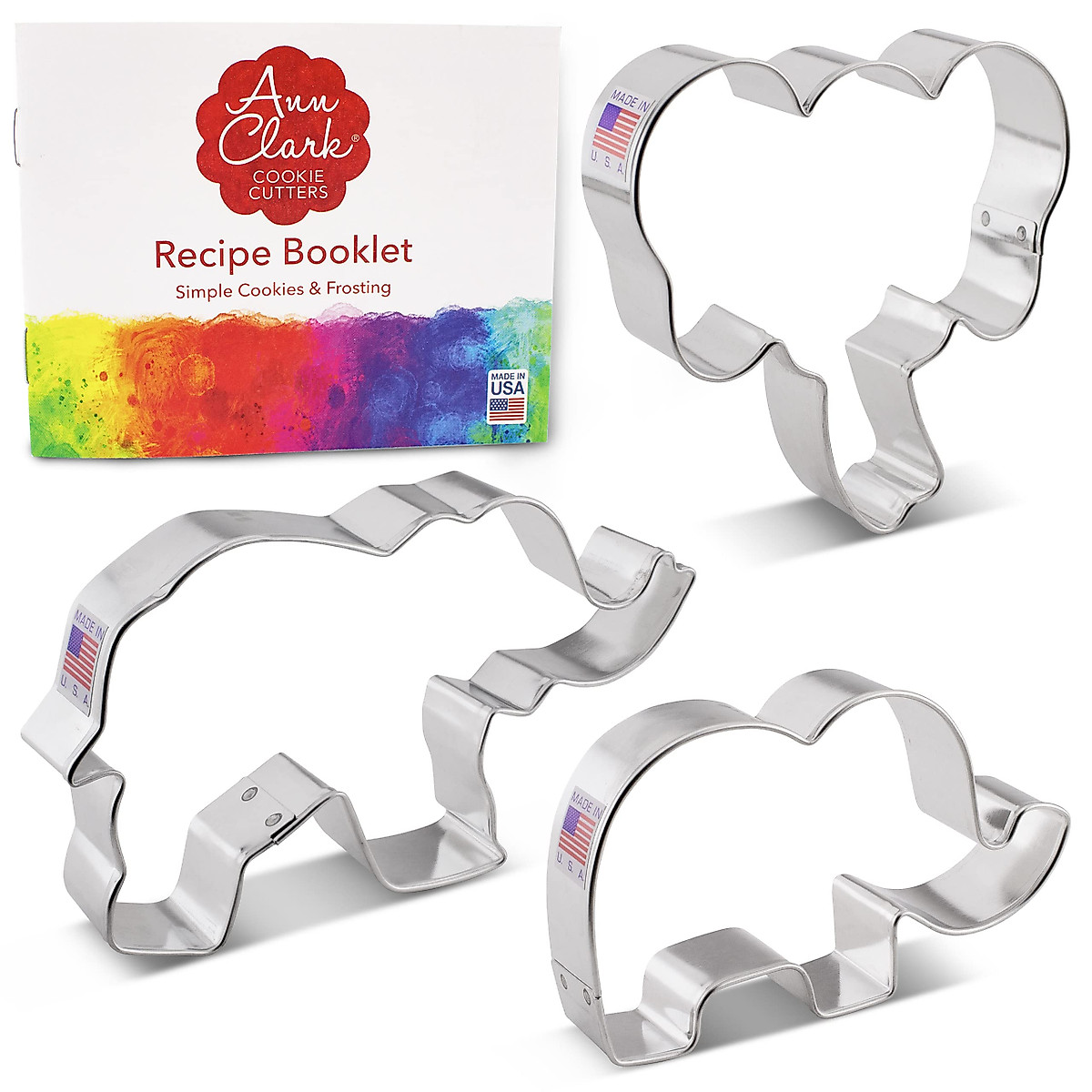 Elephants Cookie Cutters 3-Pc. Set Made in the USA by Ann Clark, Elephant Face, Cute Elephant, and Elephant