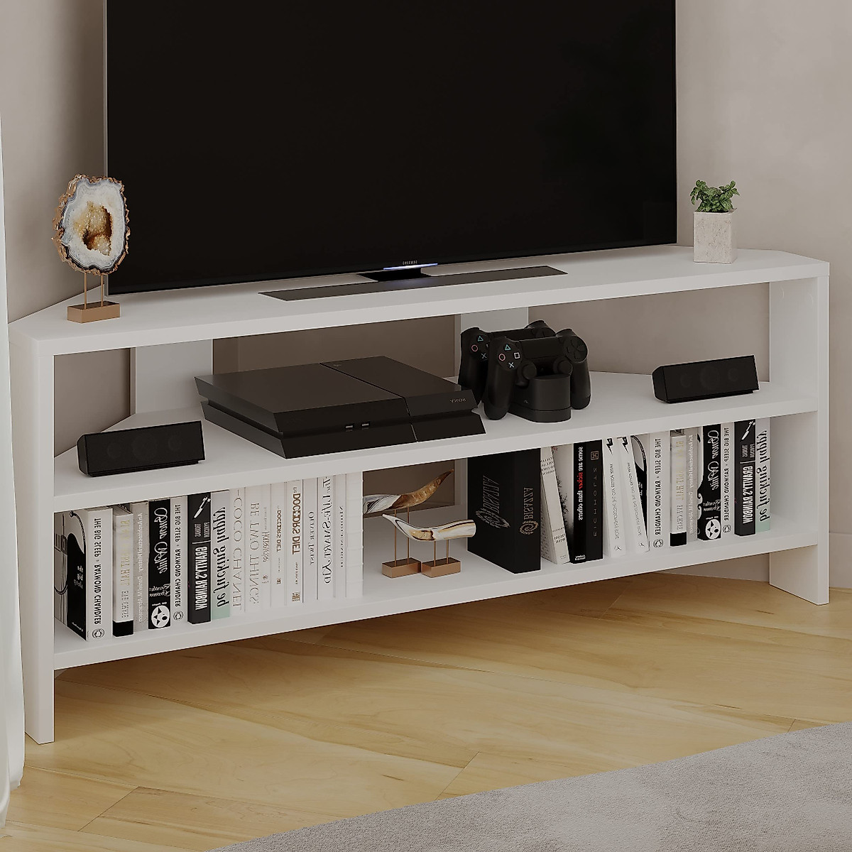 JV Home Thales Stylish Corner TV Stand Entertainment Unit | TV Cabinet | Meuble TV for Living Room, Bedroom Suitable up to 50” TVs (White)