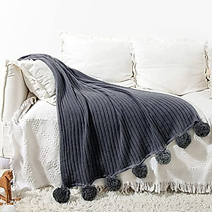 Fomoom Pom Pom Throw Blanket, Chunky Knit Pom Poms Throw Blanket, Decorative Knitted Cotton Blanket with Pompom Tassels for Gift (Dark Gray, 59"x79")