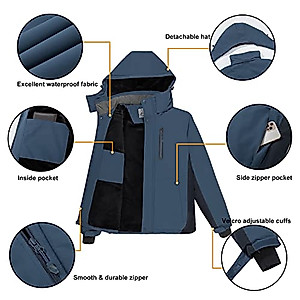 CAMEL CROWN Men's Mountain Snow Waterproof Ski Jacket Detachable Hood Windproof Fleece Parka Rain Jacket Winter Coat Gray Blue L