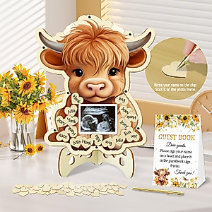 generic 65 Pcs Highland Cow Baby Shower Decorations Guest Book, Baby Shower Guest Book Alternatives with Photo Frame, 60 Wood Slices Cow Baby Shower Guest Book for Boys Grils Baby Shower