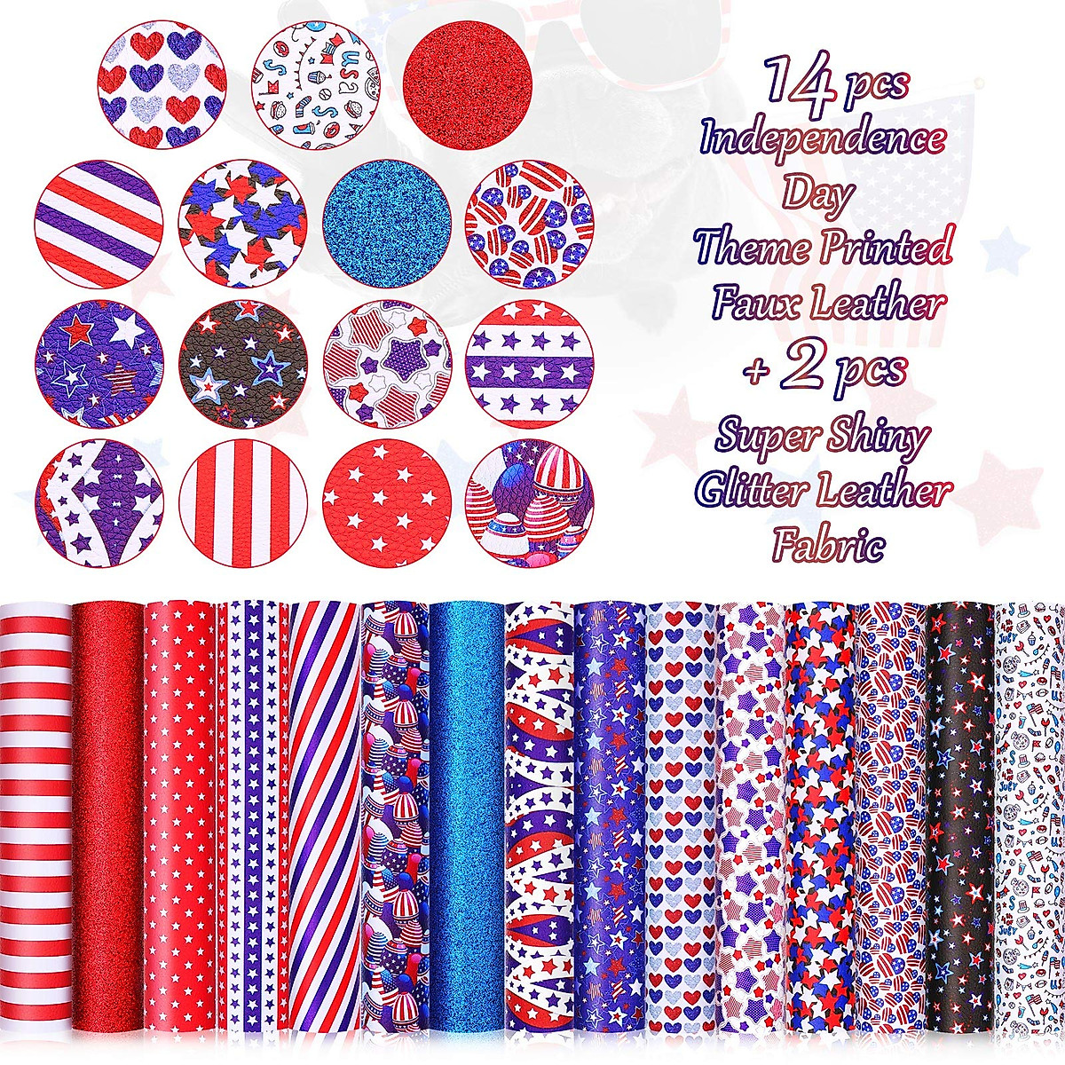 15 Pieces Labor Day American Flag Faux Leather Sheets Glitter Sequins Synthetic Leather Sheets DIY Faux Leather Fabric Making Earrings Bows DIY Crafts, 8.3 x 6.3 Inch (Classic Style)