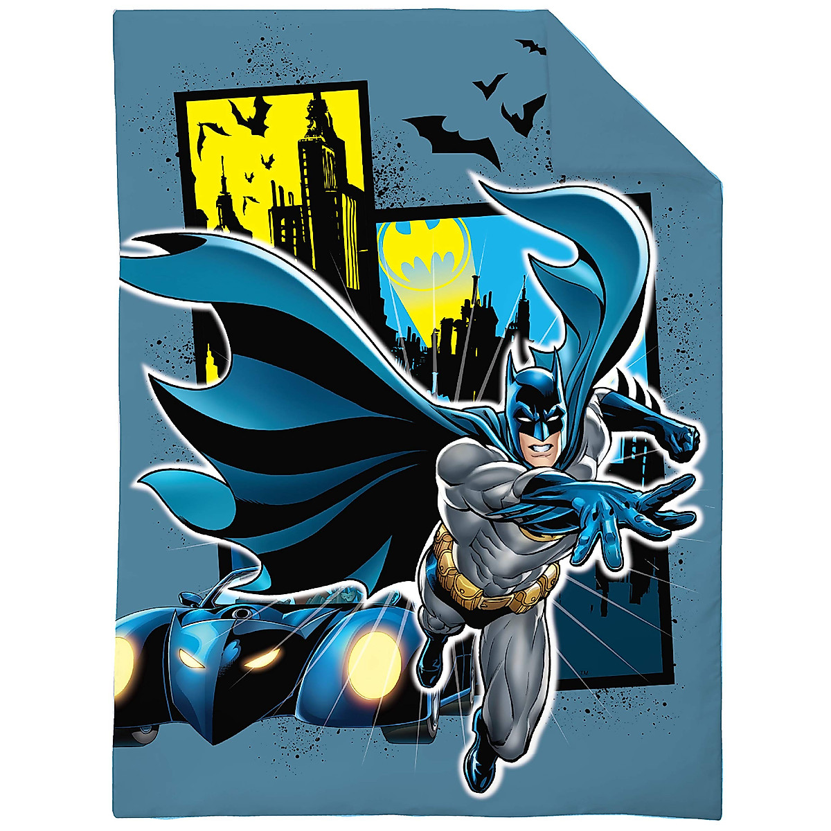 NoJo Batman - Blue Yellow & Grey 4Piece Toddler Bed Set - Comforter, Flat Top Sheet, Fitted Bottom Sheet, Reversible Pillowcase, Blue, Yellow, Black