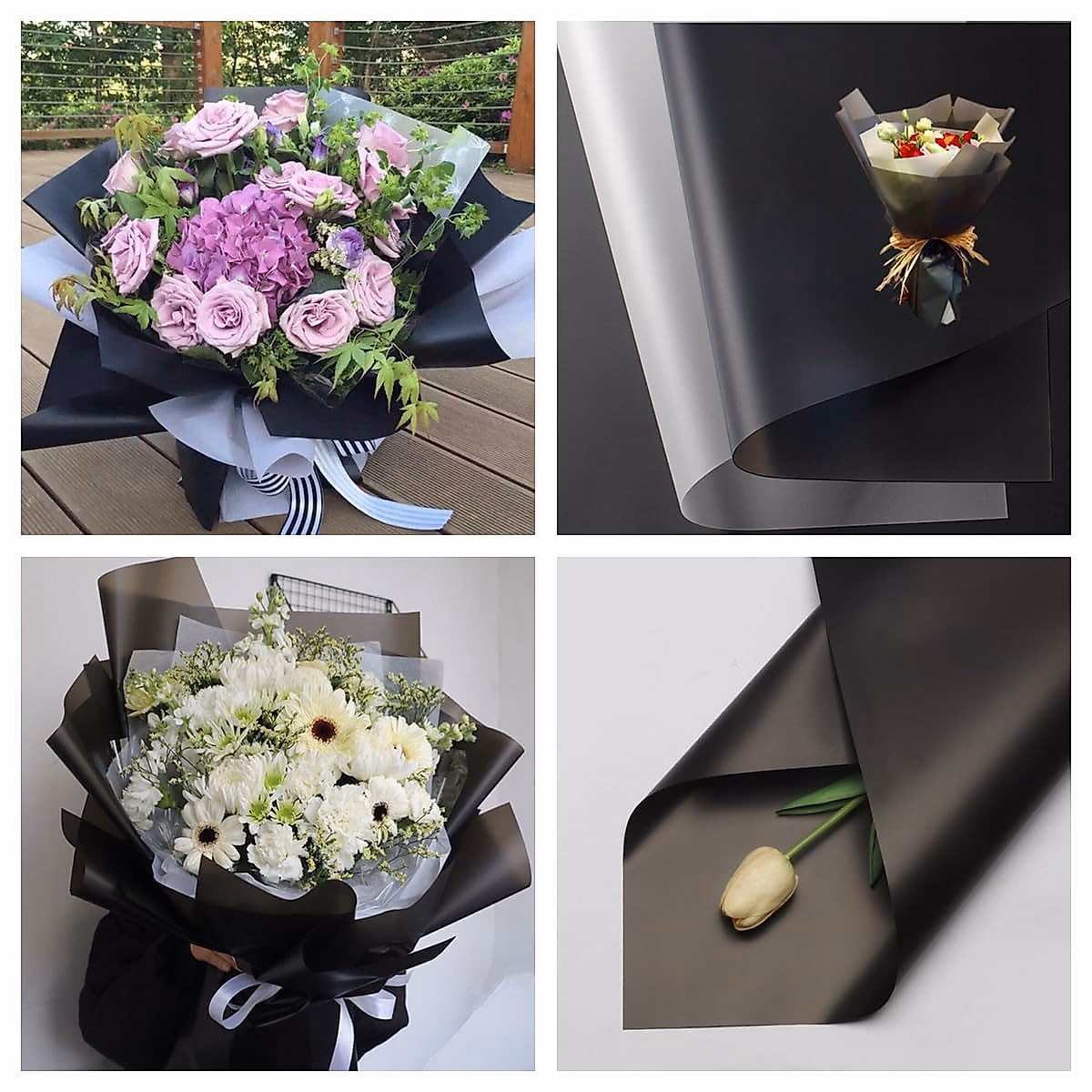 Rikyo 40 Counts Fresh Flowers Wrapping Paper,Wraps Waterproof Floral Wrapping Paper Sheets Fresh Flowers Bouquet Gift Packaging Korean Florist Supplies,Boundless 22 3/4 x 22 3/4 Inch (All Black)