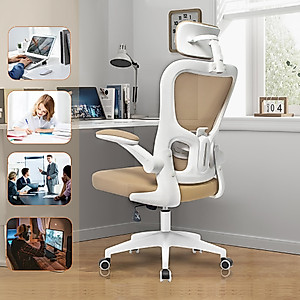 SenceHome Office Chairs, Ergonomic Office Chair, High Back Desk Chair with Adjustable Headrests, Lumbar Support and Flip-up Armrests, Breathable Mesh Computer Chair for Home Office (Khaki)