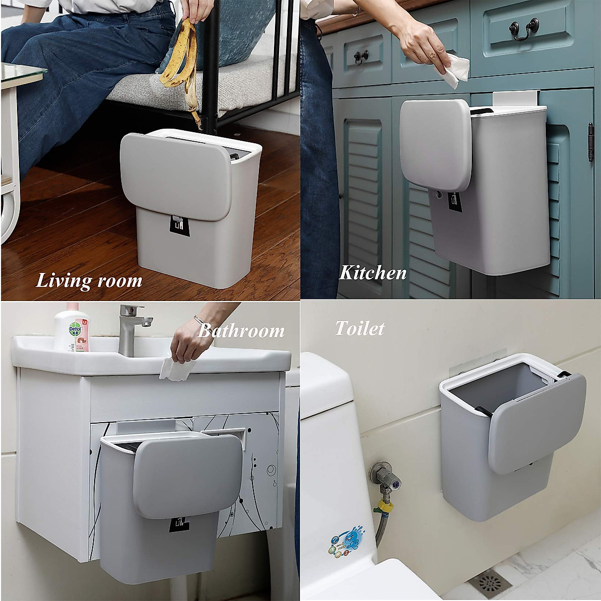 Lunies 2.4 Gal Compost Bin/Hanging Small Trash Can with Lid for Kitchen Cabinet Door/Counter Top/Under Sink/Bedroom/Bathroom/Cupboard Grey