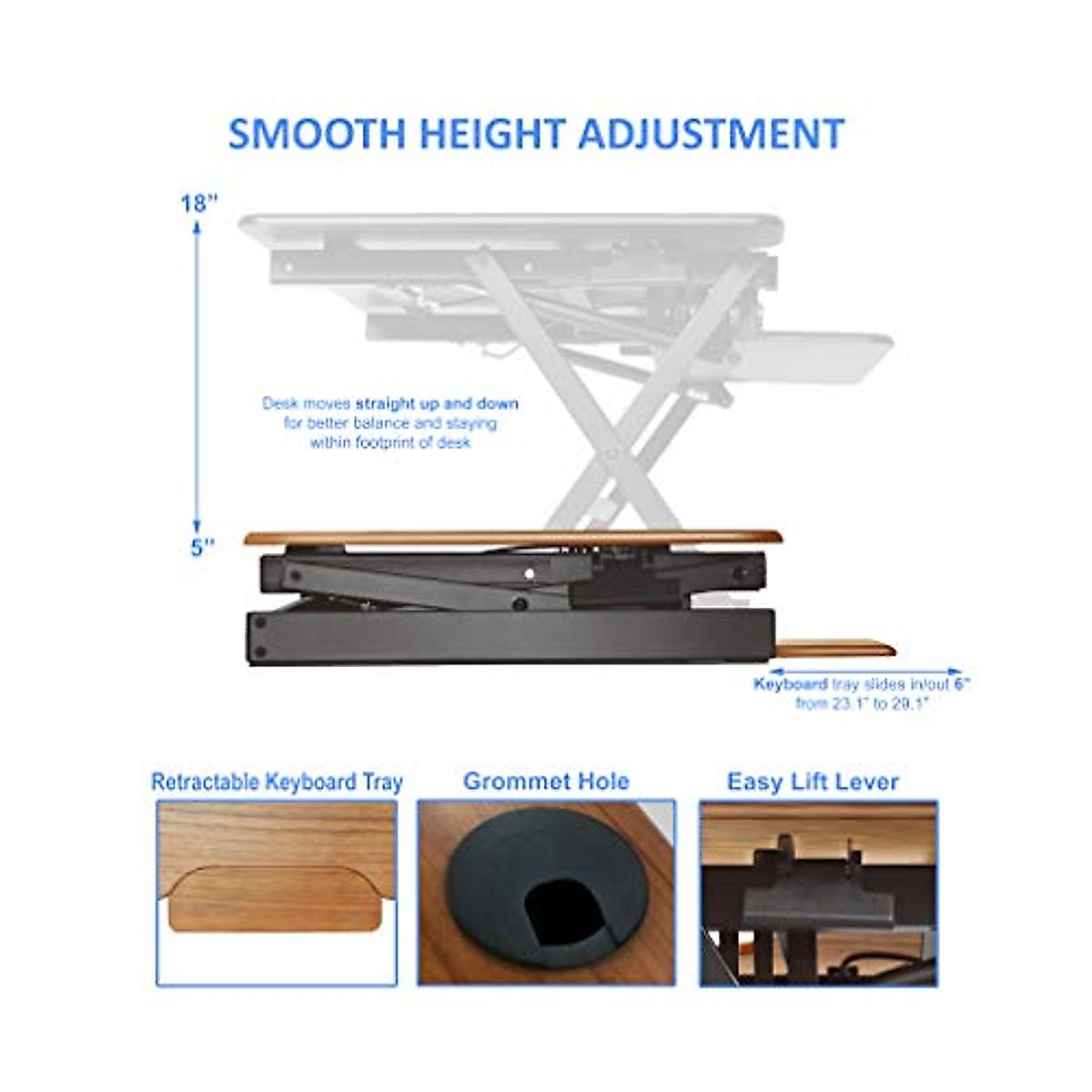 Rocelco 32" Height Adjustable Standing Desk Converter - Sit Stand Computer Workstation Riser - Dual Monitor Retractable Keyboard Tray Gas Spring Assist - Teak Wood Grain (R EADRT)
