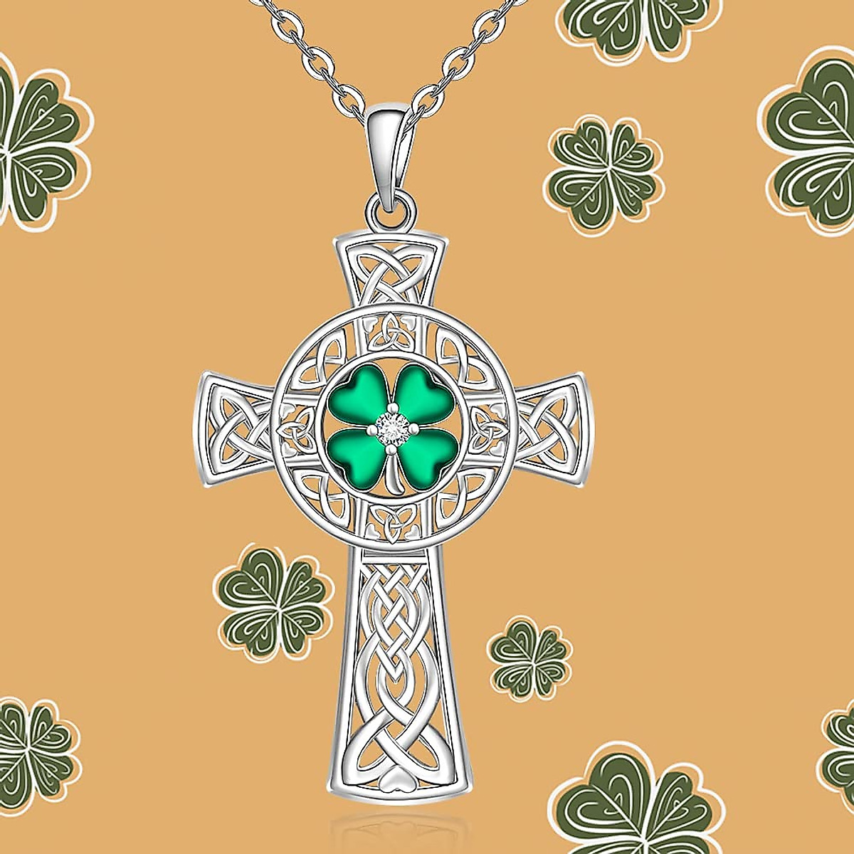 St Patricks Day Necklace Shamrock Necklace Celtic Cross Four Leaf Clover Necklaces for Women Sterling Silver Irish Shamrock Pendant Green 4 Leaf Clover Jewelry Lucky Gifts