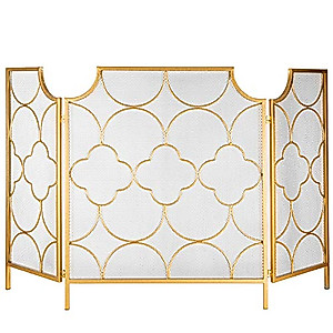Barton 49" x 30" Fireplace Screen Gold Iron Mesh Geometric 3 Panel Fire Door Freestanding Cover Decorative Spark Guard Gate Grate