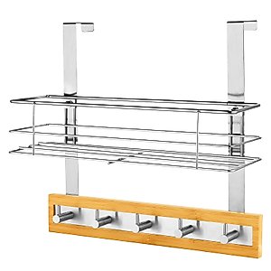 ToiletTree Products Bamboo Wood & Stainless Steel Over The Door Towel Rack with Basket