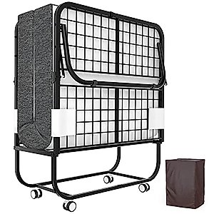 Karcog Folding Bed with Mattress, Rollaway Bed Storage Cover Included, Portable Foldable Guest Bed for Adults, Cot Size Fold up Bed with Memory Foam Mattress and Metal Frame on Wheels - 75” x 31"