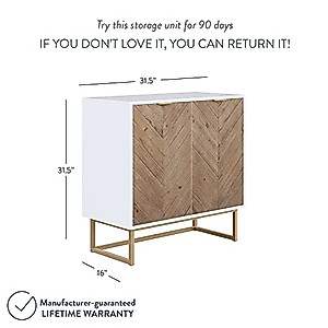 Nathan James Enloe Modern Storage, Free Standing Accent Cabinet with Doors in a Rustic Fir Wood Finish Powder-coated Metal Base for Hallway, Entryway or Living Room, White/Gold