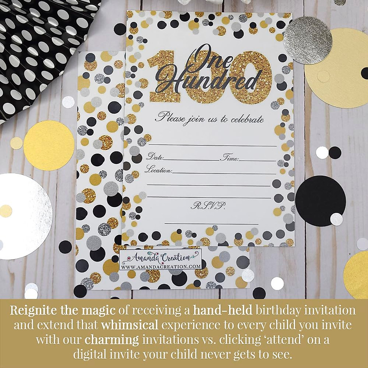Confetti Polka Dot 100th Birthday Party Invitations, 20 5x7 Fill In Cards with Twenty White Envelopes by AmandaCreation