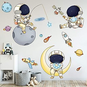 Astronaut Wall Stickers for Boys Bedroom, DILIBRA Cartoon Spaceman Outer Planet Creative DIY Art Vinyl Removable Wall Decal, Star Spaceship UFO Glaxy Wallpaper Decor for Kid’s Room Nursery