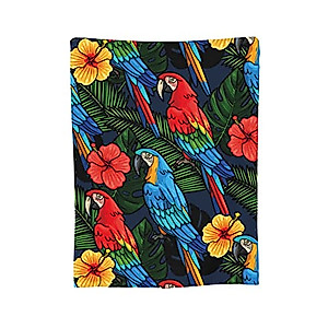 Macaw and Hibiscus Flowers Throw Blanket Flannel Throws Ultra Soft Bedspread Microfiber Blankets Durable Home Decor Perfect Warm for Bed Sofa Couch Chair