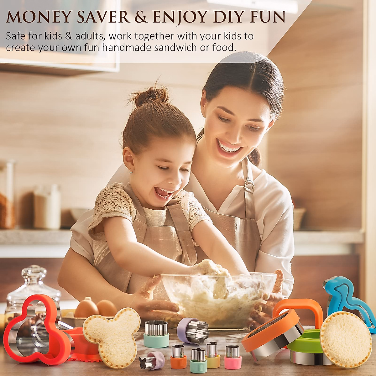 20Pcs Sandwich Cutter and Sealer Set for Kids, Decruster Maker Holiday Heart Cookie Cutters Fruit Vegetable Shapes Boys & Girls Bento Lunch Box with Mickey Mouse Dinosaur Star, etc