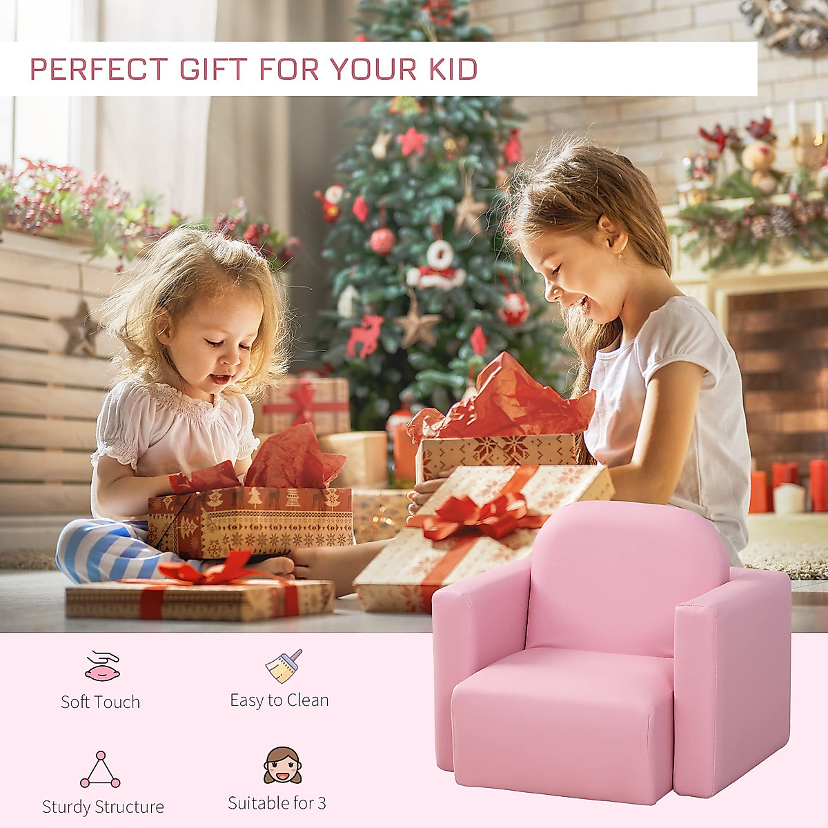 Qaba 2-in-1 Multifunctional Kids Sofa Convertible Table and Chair Set for Boys Girls, Pink