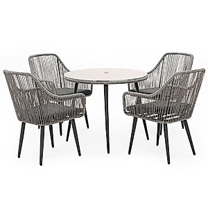 Patiorama 5-Piece Patio Dining Set, Outdoor Dining Table Chair Set, All-Weather Twisted Rattan Wicker Rope Conversation Set, Patio Furniture Set w/Umbrella Hole, 4 Cushioned Chairs&Glass Table(Gray)