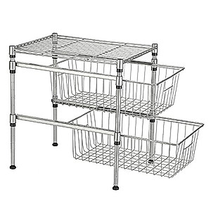 GEYUEYA Home 2-Tier Heavy Under Sink Organizer Cabinet Sliding Basket Drawer Expandable Shelf