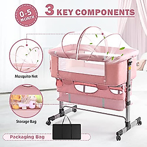 Ihoming Baby Bassinet Bedside Sleeper, Baby Bed Side Crib with Storage Basket, Easy Folding Bassinets, Adjustable Baby Bed for Infant Newborn, Pink