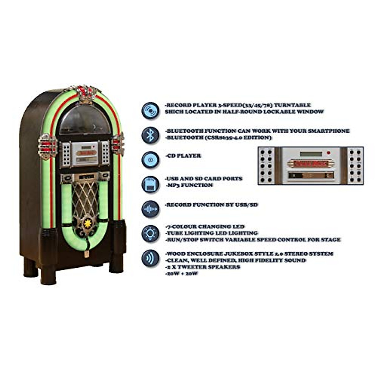 Roxby Retro Jukebox with Bluetooth, CD & Vinyl | Vintage Style Sound System