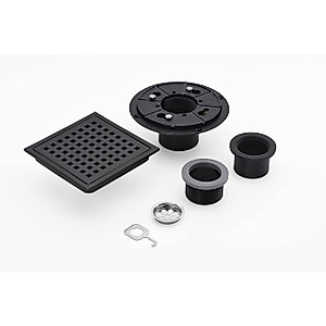 BIHAI 6 Inch Square Shower Drain with Flange, 15cm Matt Black Bathroom Floor Drain, Quadrato Pattern Grate Removable Cover, Bath Drain, Wall Drain, Stainless Steel Drain (Mat Black)