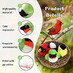 Reinbow 5Pcs Cute Stuffed Animal Bird Nest with Birds & Egg, Northern Cardinal Plush Toys, American Goldfinch Plushies, Sparrow, Bird Toys for Kids and Birders, Birthday Gift Halloween
