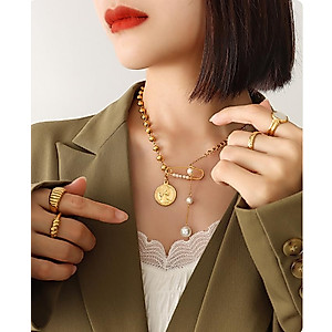 Y2K Necklace Coin Pendant Layered Necklace 18K Gold Plated Ball Splicing Chain Paper Clip Pearl Drop Fashion Y2k Choker Jewelry for Women Girl
