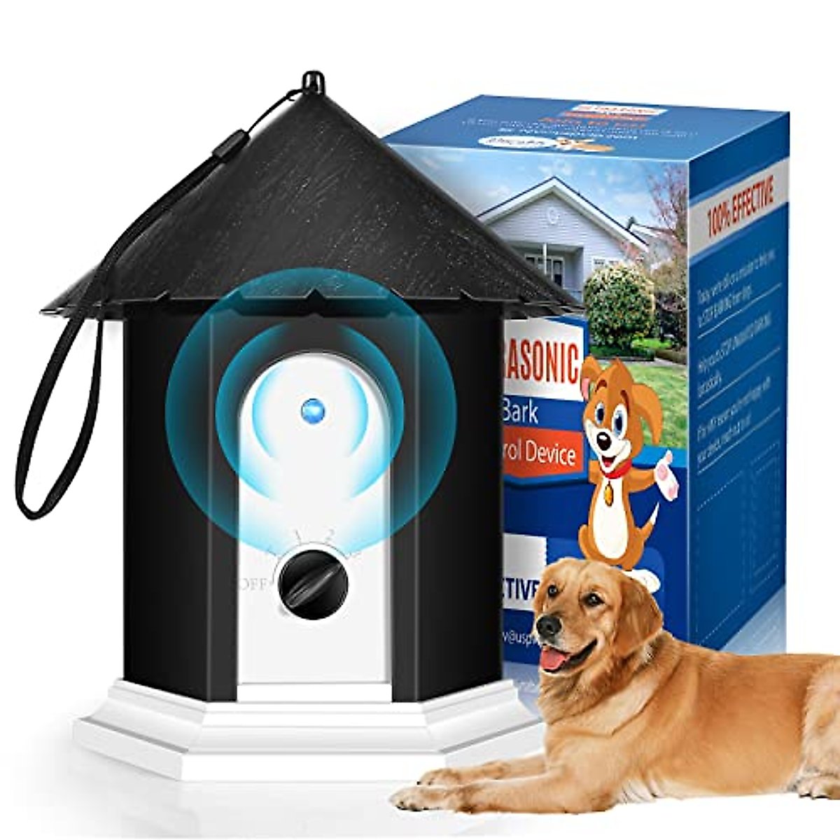 Durable Anti Barking Device, Dog Barking Deterrent with 4 Adjustable Sensitivity & Frequency, Training Tools Up to 50 Ft Range, Outdoor and Weatherproof Birdhouse Dog Barking Control Devices