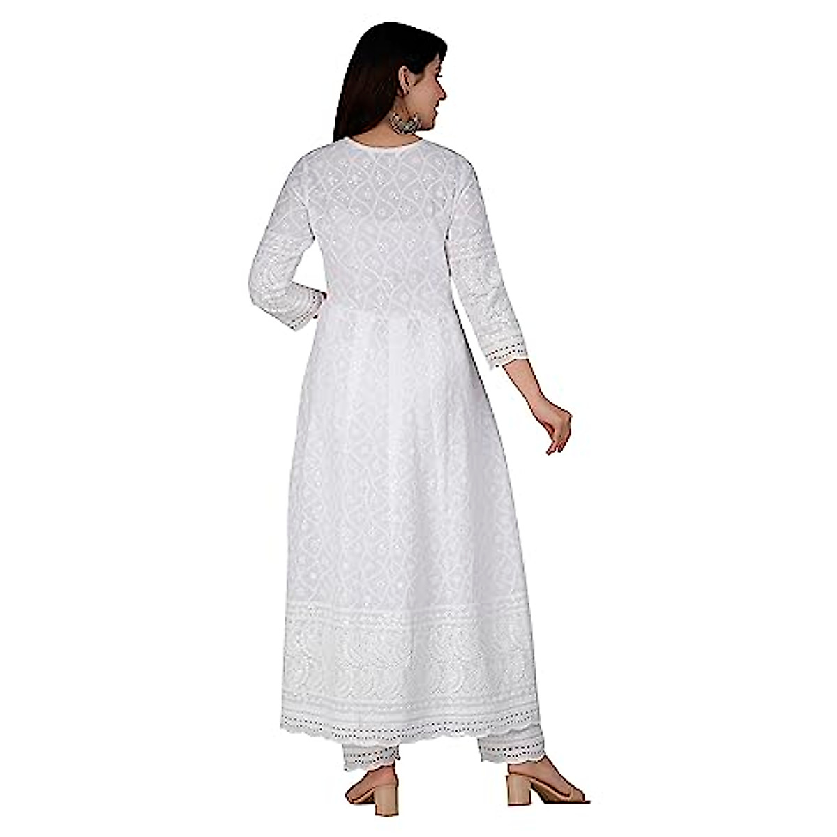Chikankari Cotton Anarkali Indian Kurti For Women Summer Dress Kurta Pant With Dupatta Set Pakistani Long Kurta-(XXL) White