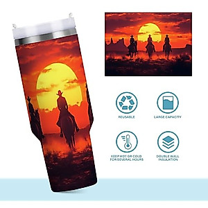 Jihqo Sunset Western Cowboys 40 oz Stainless Steel Vacuum Insulated Tumbler with Handle and Straw Lid, Leakproof Water Bottle Double Wall Travel Mug Coffee Cup, Cupholder Friendly