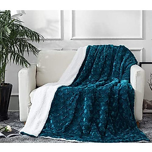 DaDa Bedding Lavish Emerald Teal Green Blue Faux Fur Fuzzy Throw Blanket - Mermaid Scales Design White Sherpa Backside - Soft Warm Plush Bright Vibrant Jewel Tones Embossed for Bed/Couch - 50" x 60"