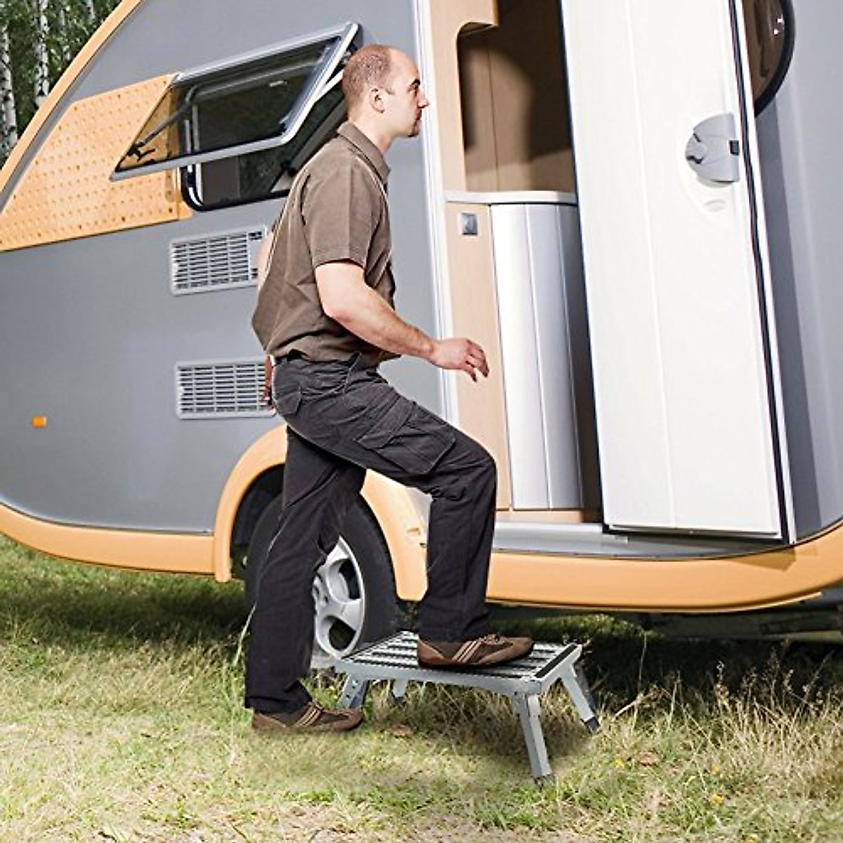 Anordsem Step Stool Folding Aluminum RV Step Platform with Anti-Slip Surface Sturdy Lightweight Maximum Load is 550 LB Perfect as RV Motorhome Trailer SUV Camper Extra Step